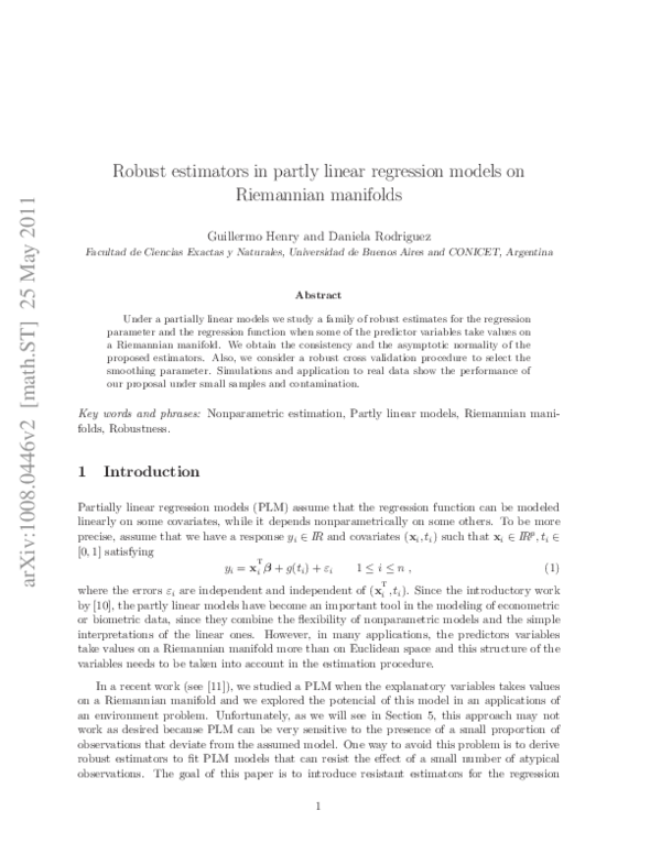 Pdf Robust Estimators In Partly Linear Regression Models On