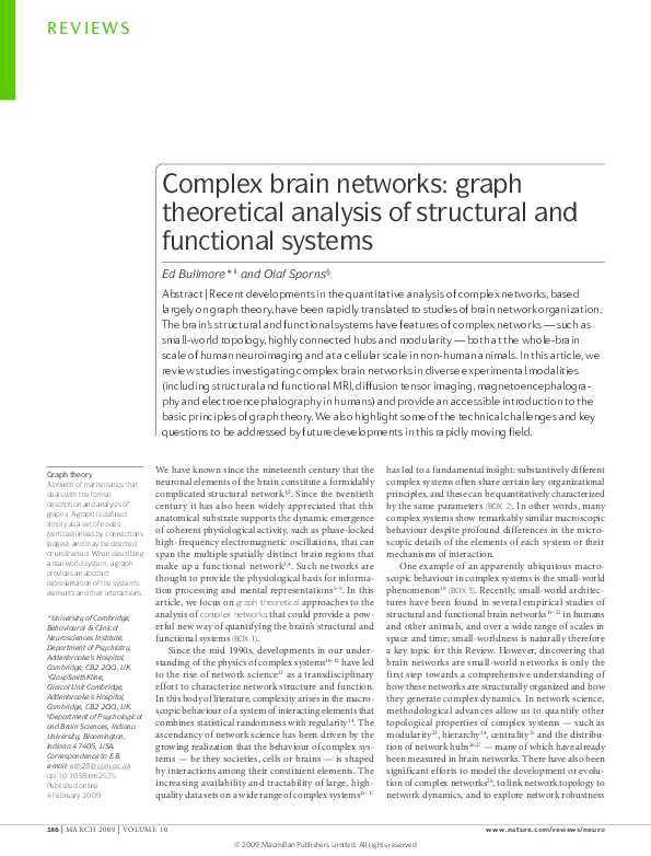 Pdf Reviews Complex Brain Networks Graph Theoretical Analysis Of Structural And Functional 9095