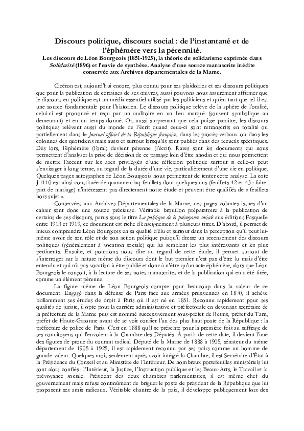 (PDF) Discours politique, discours social : de l’instantané et de l ...