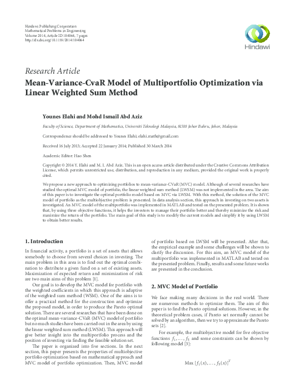 Pdf Research Article Mean Variance Cvar Model Of Multiportfolio