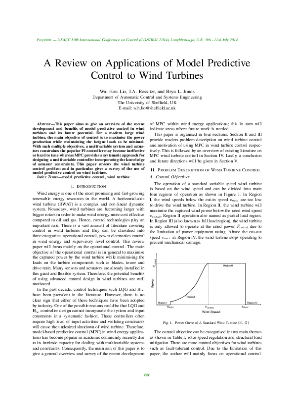 Pdf A Review On Applications Of Model Predictive Control To Wind Turbines