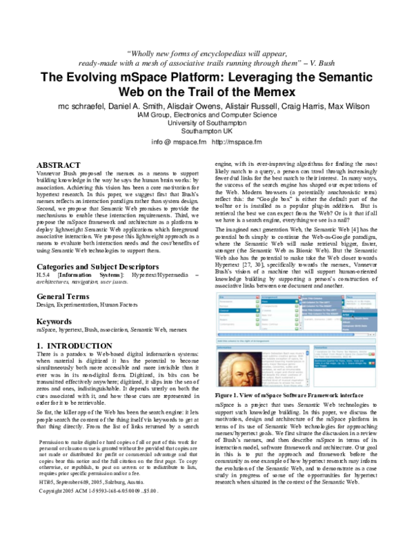 (PDF) The Evolving mSpace Platform: Leveraging the Semantic Web on the Trail of the Memex