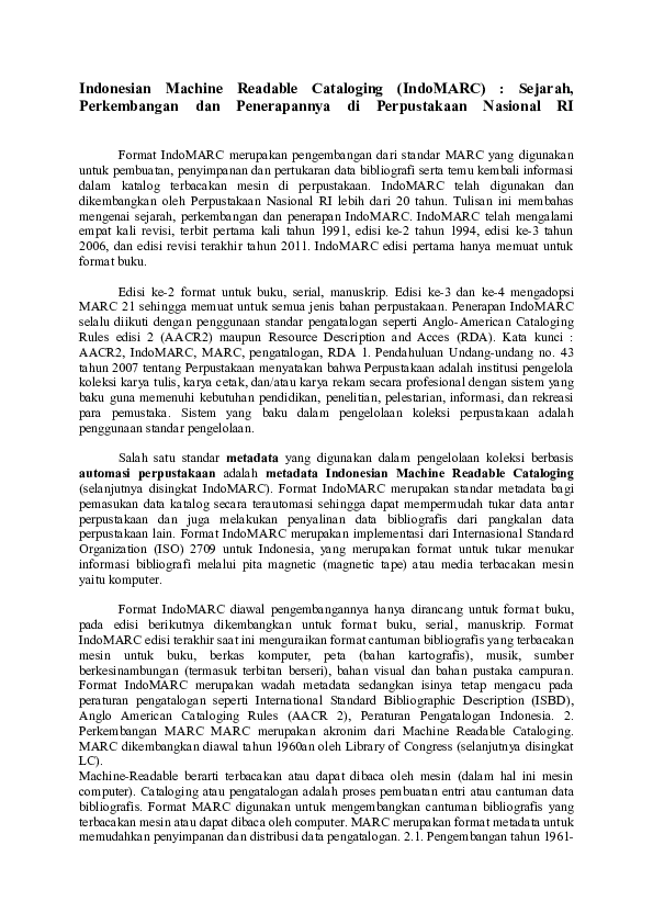 (DOC) Indonesian Machine Readable Cataloging (IndoMARC) : Sejarah ...