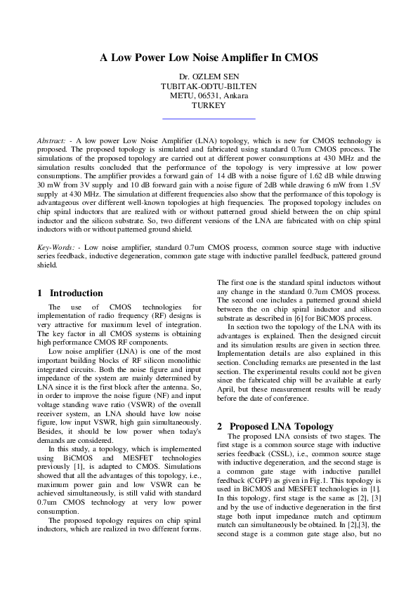 (PDF) A Low Power Low Noise Amplifier In CMOS