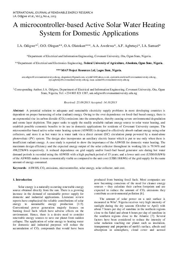 Pdf A Microcontroller Based Active Solar Water Heating System For Domestic Applications