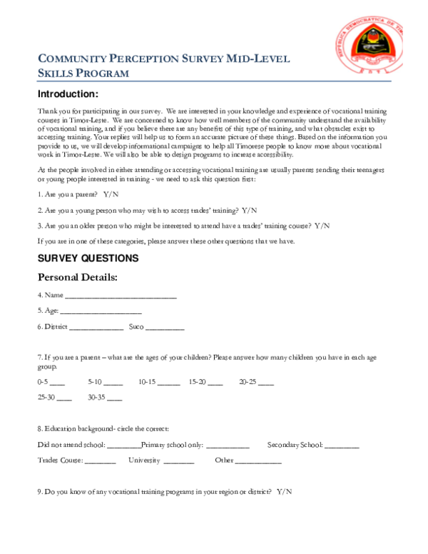 (DOC) Community Trades Perception Survey Version 2 3