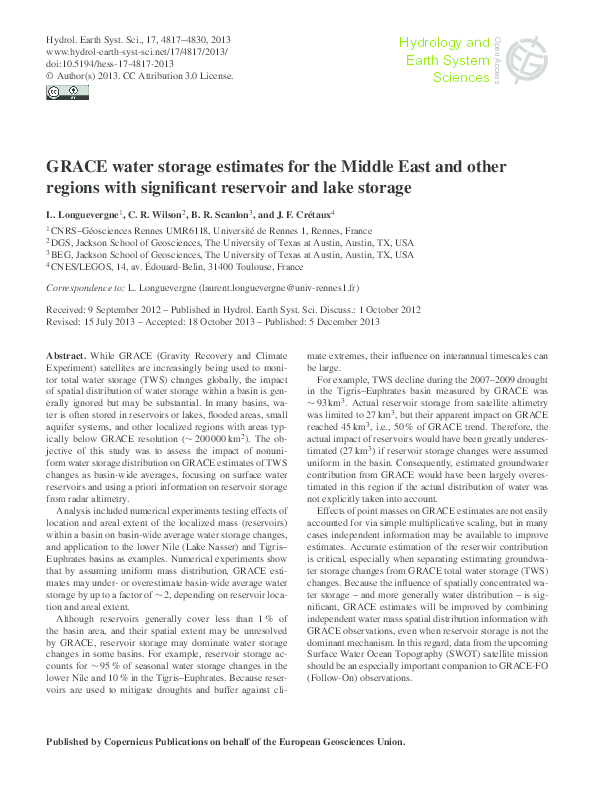 (PDF) GRACE water storage estimates for the Middle East and other ...