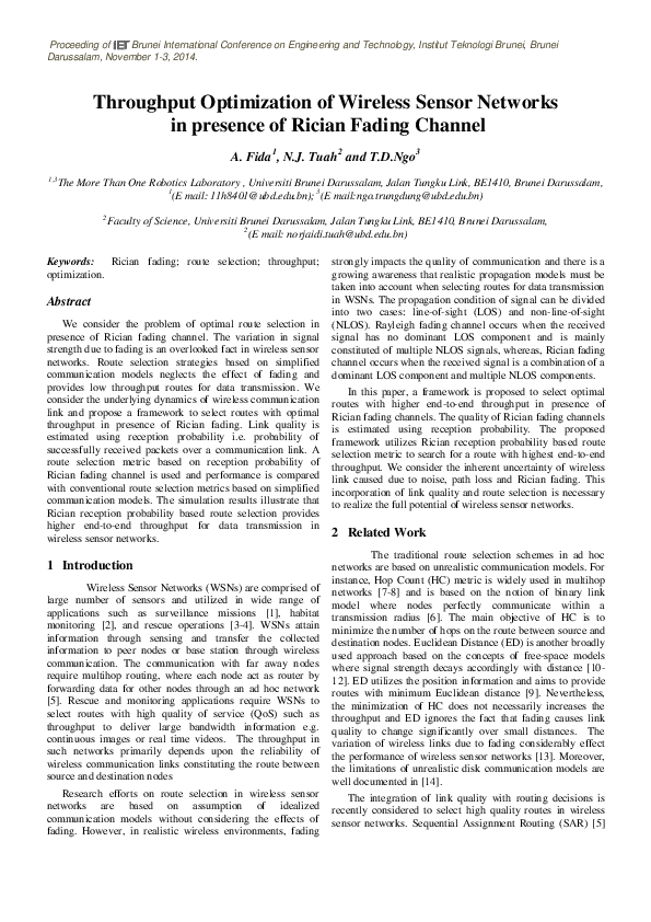 (PDF) Throughput Optimisation of Wireless Sensor Networks in Presence of Racian Fading Channel