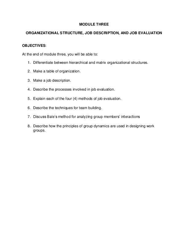 (DOC) MODULE 3 ORGANIZATIONAL STRUCTURE JOB DESCRIPTION AND JOB EVALUATION