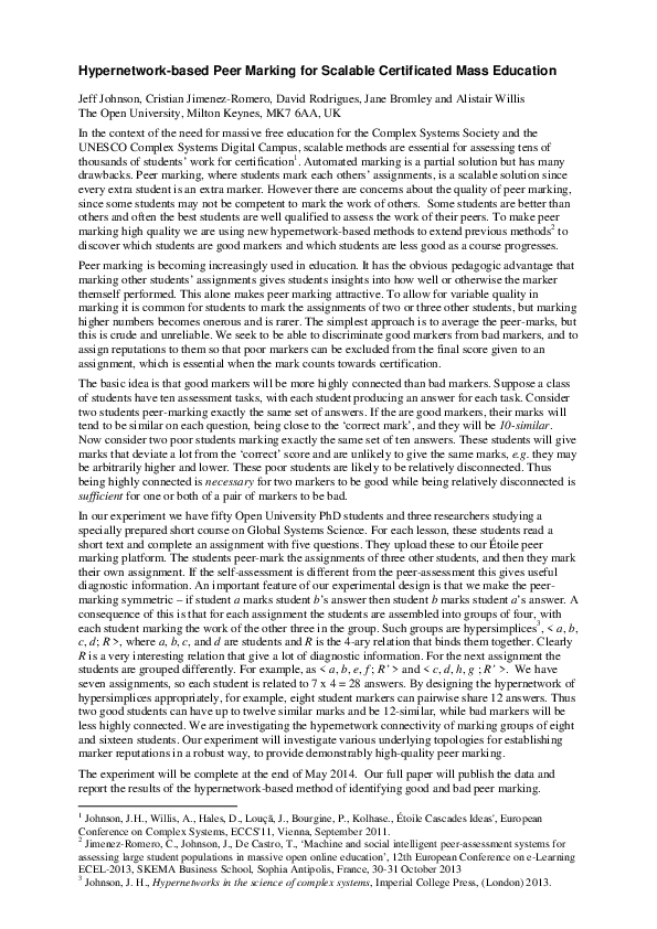 Pdf Hypernetwork Based Peer Marking For Scalable Certificated Mass Education