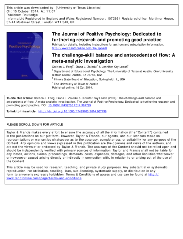 (PDF) The challenge–skill balance and antecedents of flow: A meta ...