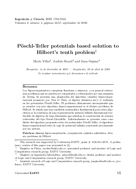 (PDF) Pöschl-Teller potentials based solution to Hilbert's tenth problem
