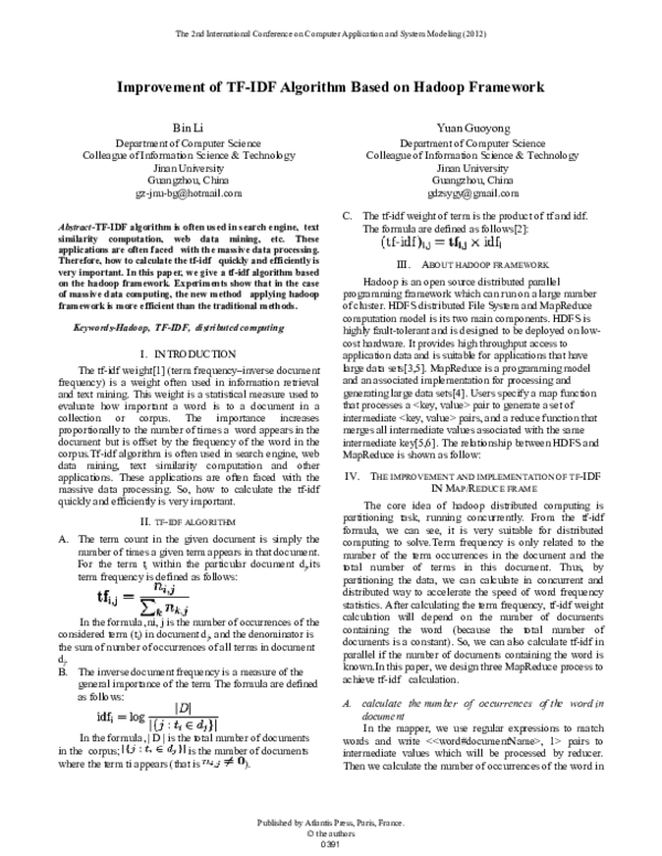 Pdf Improvement Of Tf Idf Algorithm Based On Hadoop Framework