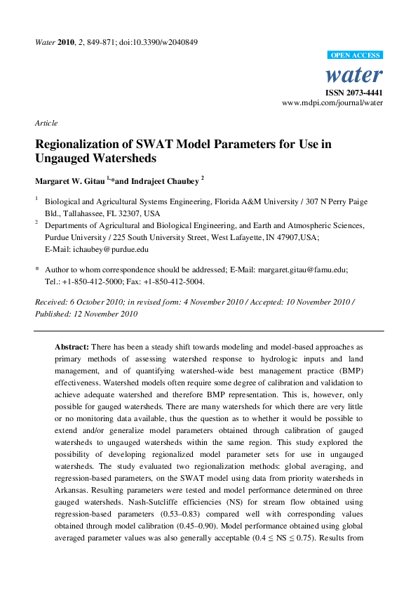 (PDF) Regionalization of SWAT model parameters for use in ungauged watersheds. Water.