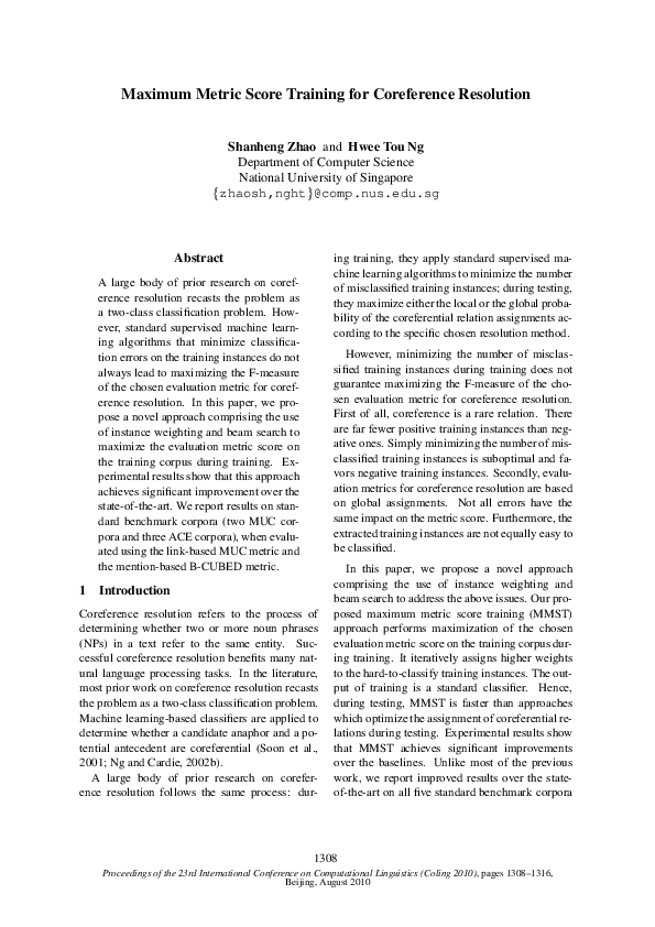 (PDF) Maximum Metric Score Training for Coreference Resolution