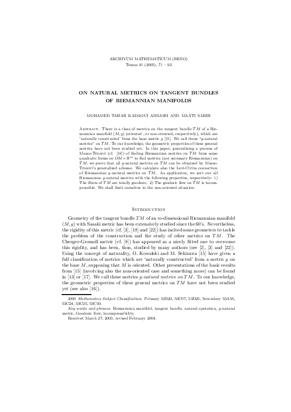 (PDF) ON NATURAL METRICS ON TANGENT BUNDLES OF RIEMANNIAN MANIFOLDS