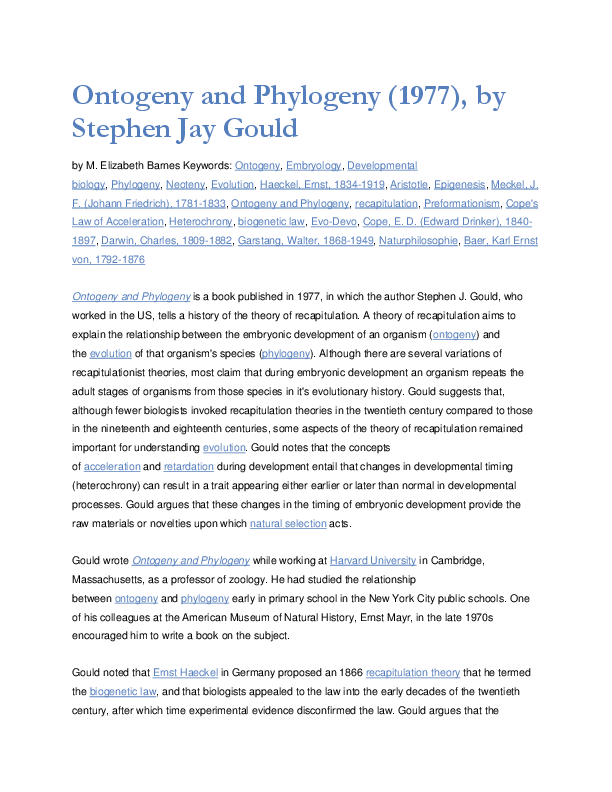 (PDF) Ontogeny and Phylogeny (1977), by Stephen Jay Gould
