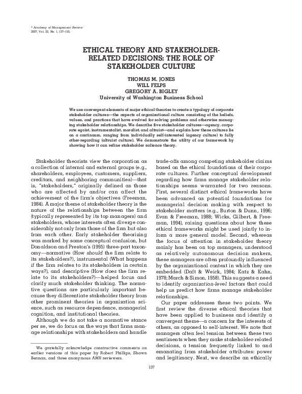 (PDF) ETHICAL THEORY AND STAKEHOLDER- RELATED DECISIONS: THE ROLE OF ...