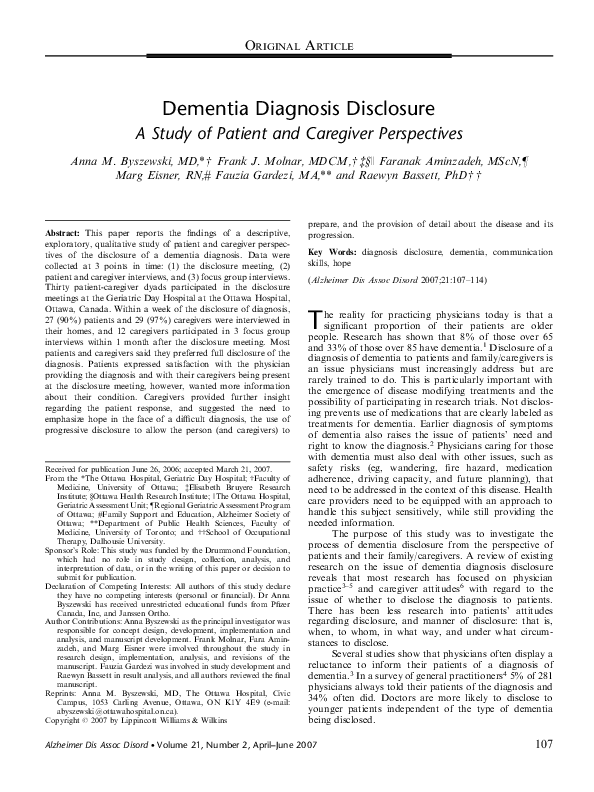 (PDF) Dementia Diagnosis Disclosure: A Study of Patient and Caregiver ...