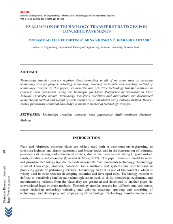 (PDF) EVALUATION OF TECHNOLOGY TRANSFER STRATEGIES FOR CONCRETE PAVEMENTS