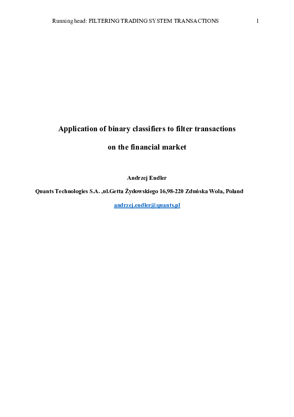 Pdf Application Of Binary Classifiers To Filter Transactions On The Financial Market