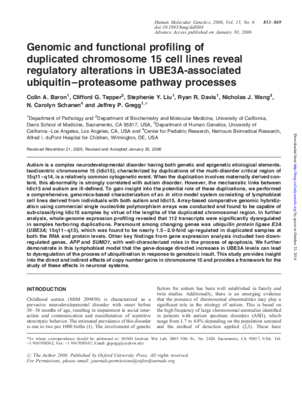 (PDF) Genomic and functional profiling of duplicated chromosome 15 cell ...