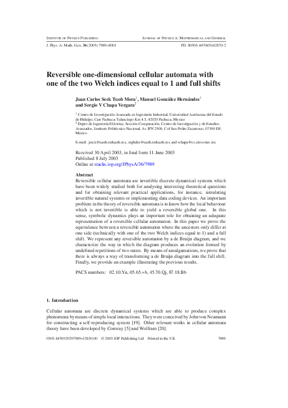 Pdf Reversible One Dimensional Cellular Automata With One Of The Two Welch Indices Equal To 1