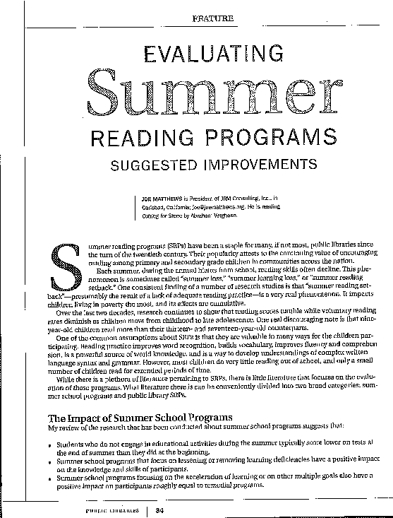 (PDF) Evaluating Summer Reading Programs: Suggested Improvements