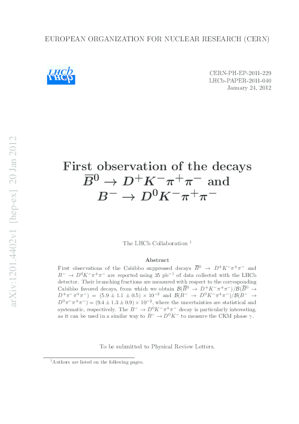 (PDF) First observation of the decays $\overline{B}^0 \to D^+ K^- \pi^+ \pi^-$ and $B^- \to D^0 ...