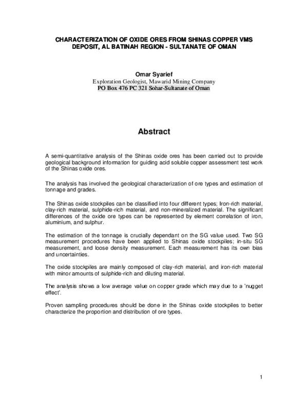 (PDF) CHARACTERIZATION OF OXIDE ORES FROM SHINAS COPPER VMS DEPOSIT, AL ...