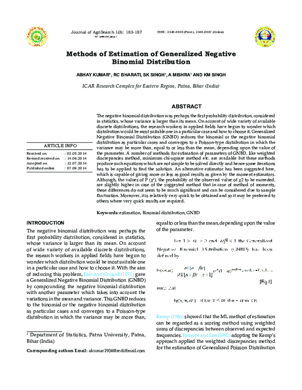 Pdf Methods Of Estimation Of Generalized Negative Binomial Distribution