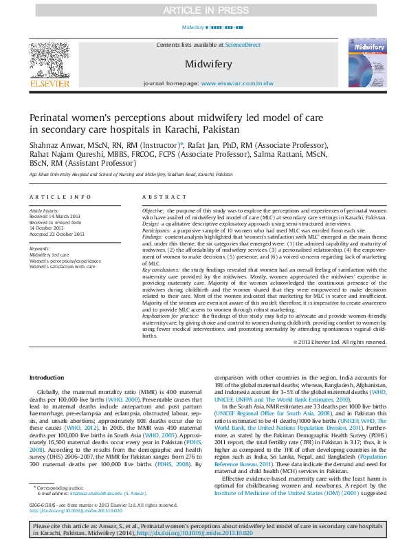 (PDF) Perinatal women's perceptions about midwifery led model of care in secondary care ...