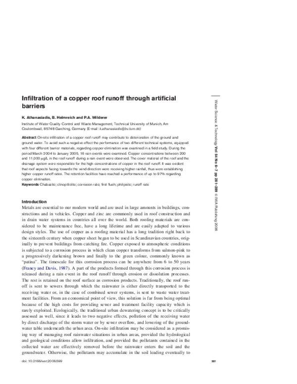 (PDF) Infiltration of a copper roof runoff through artificial barriers