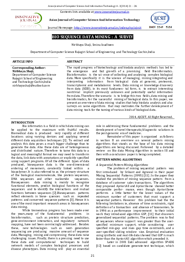 (PDF) BIO SEQUENCE DATA MINING : A SURVEY
