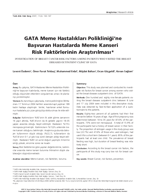(PDF) GATA Meme Hastal›klar› Poliklinii'ne Baflvuran Hastalarda Meme ...