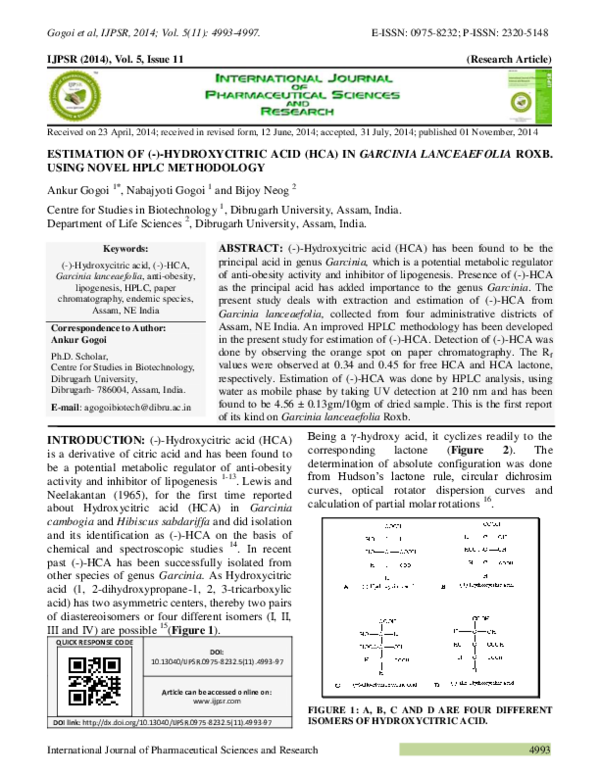 (PDF) ESTIMATION OF (-)-HYDROXYCITRIC ACID (HCA) IN GARCINIA ...
