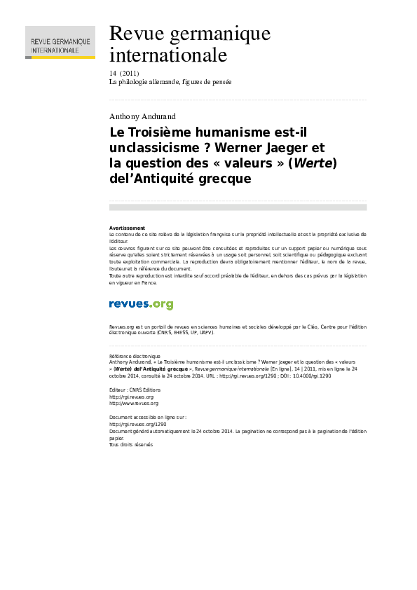(PDF) Le Troisième humanisme est-il un classicisme? Werner Jaeger et la ...