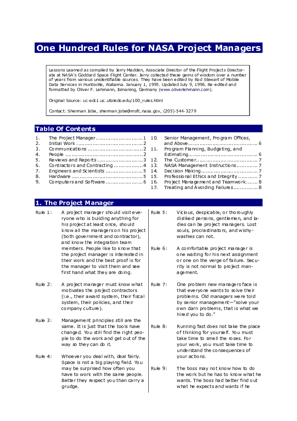(PDF) One Hundred Rules for NASA Project Managers Table Of Contents