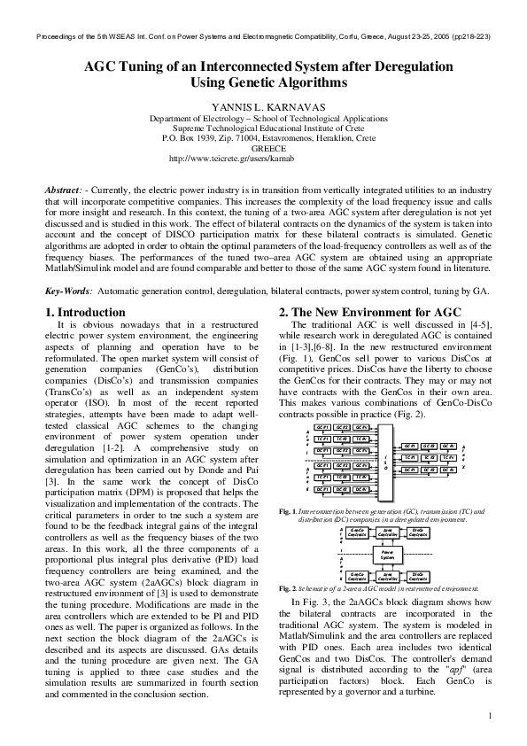 (PDF) AGC Tuning of an Interconnected System after Deregulation Using Genetic Algorithms