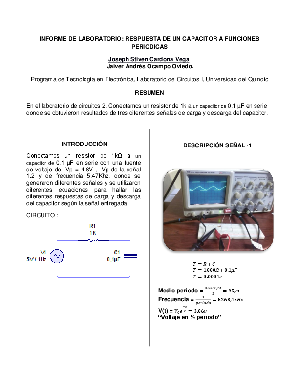 Doc Informe De Laboratorio Respuesta De Un Capacitor A Funciones