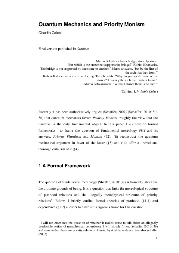 (PDF) Quantum Mechanics and Priority Monism