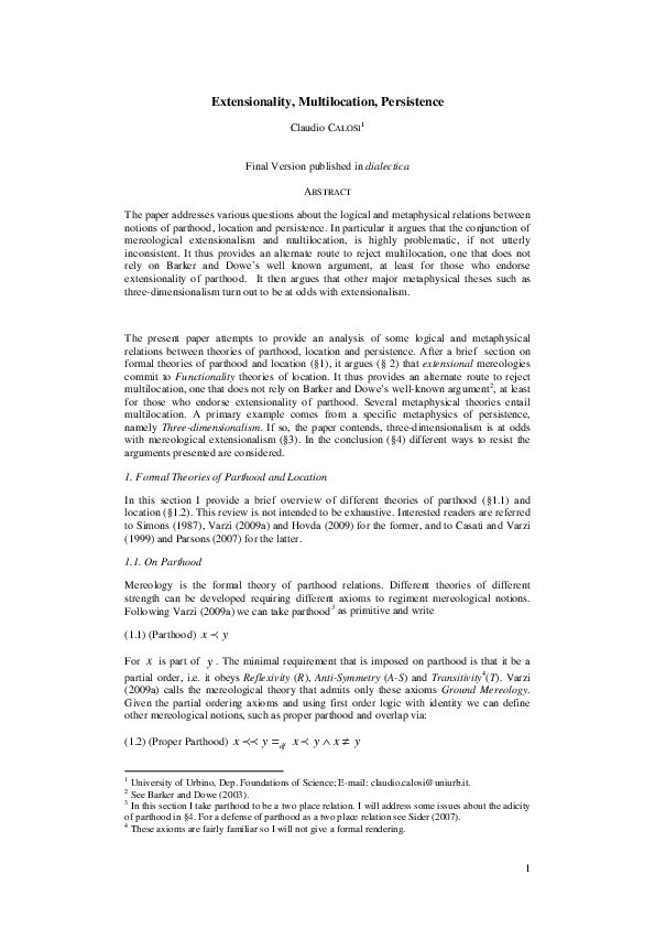 (PDF) Extensionality, Multilocation and Persistence