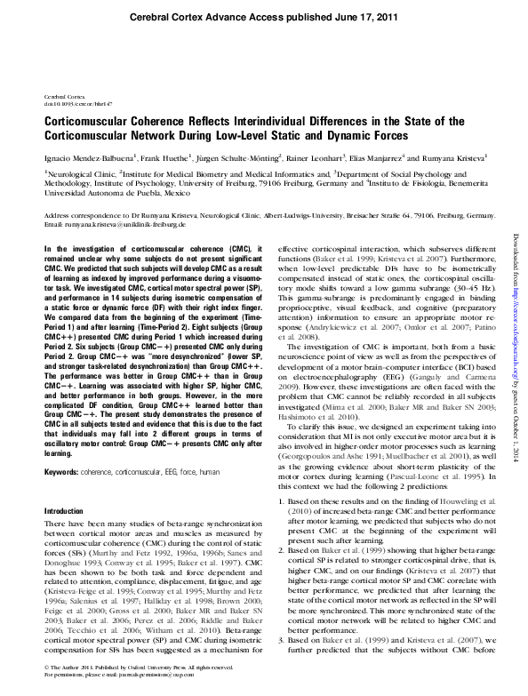 Pdf Corticomuscular Coherence Reflects Interindividual Differences In