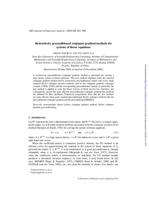 (PDF) Restrictively preconditioned conjugate gradient methods for systems of linear equations