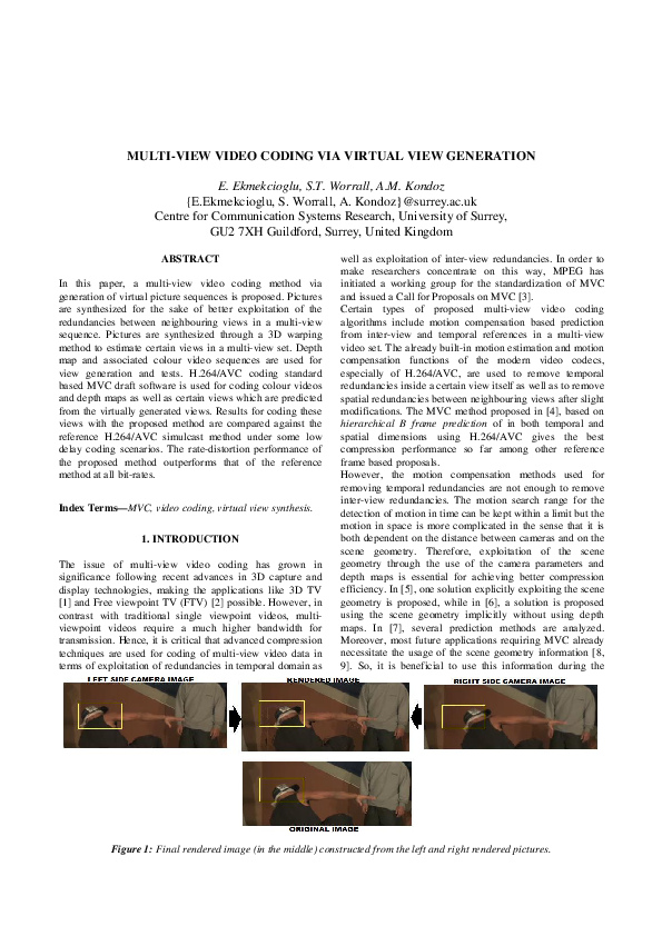 (PDF) MULTI-VIEW VIDEO CODING VIA VIRTUAL VIEW GENERATION