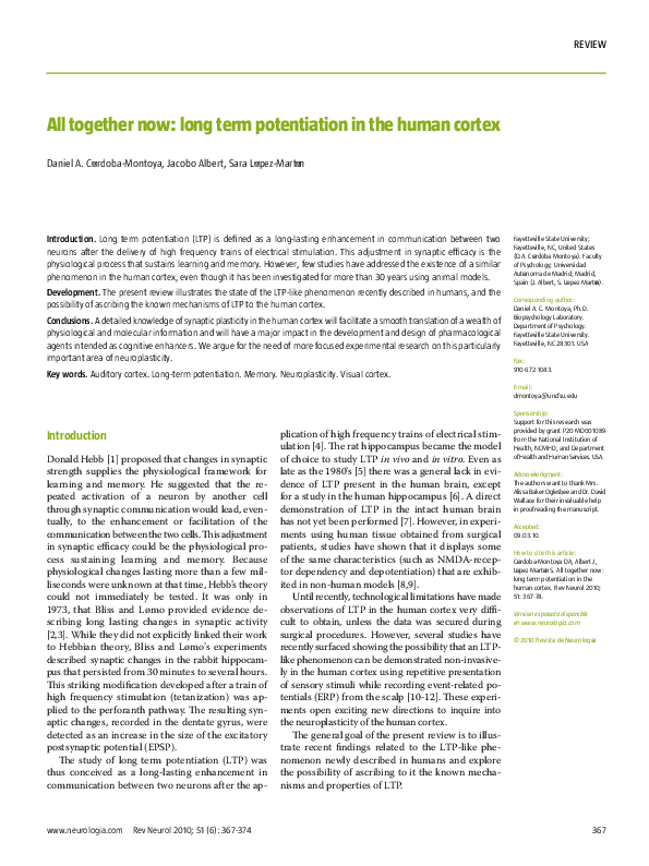 (PDF) All Together Now: long term potentiation in the human cortex