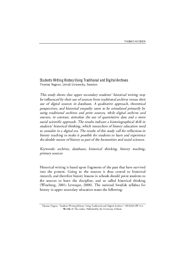 (PDF) Students Writing History Using Traditional and Digital Archives