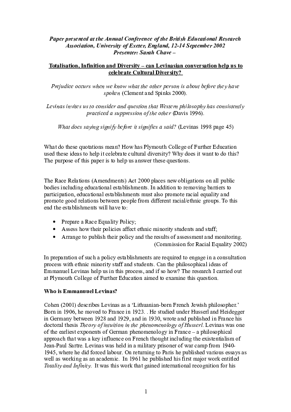 Totalisation, Infinition and Diversity – can Levinasian conversation ...