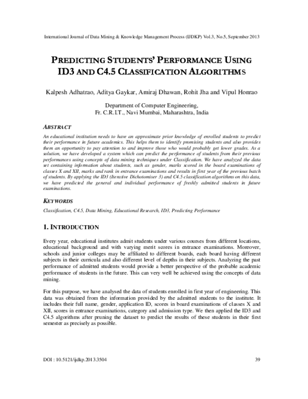 (PDF) Predicting Students' Performance Using ID3 and C4.5 Classification Algorithms