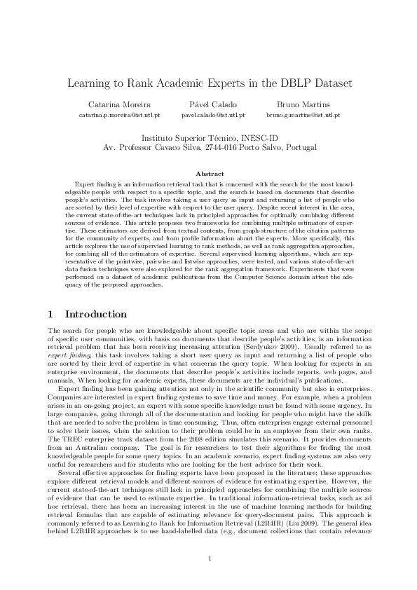 (PDF) Learning to Rank Academic Experts in the DBLP Dataset